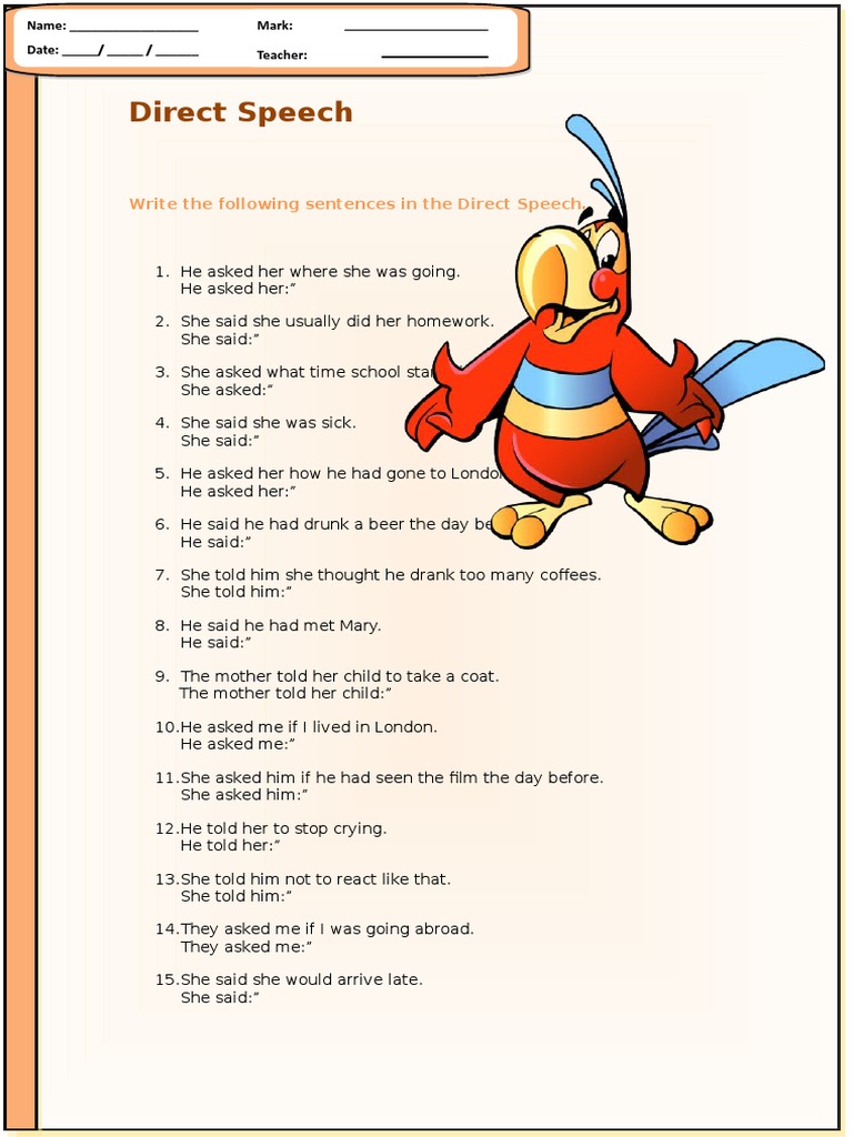 Direct Speech: Write The Following Sentences in The Direct Speech | PDF ...