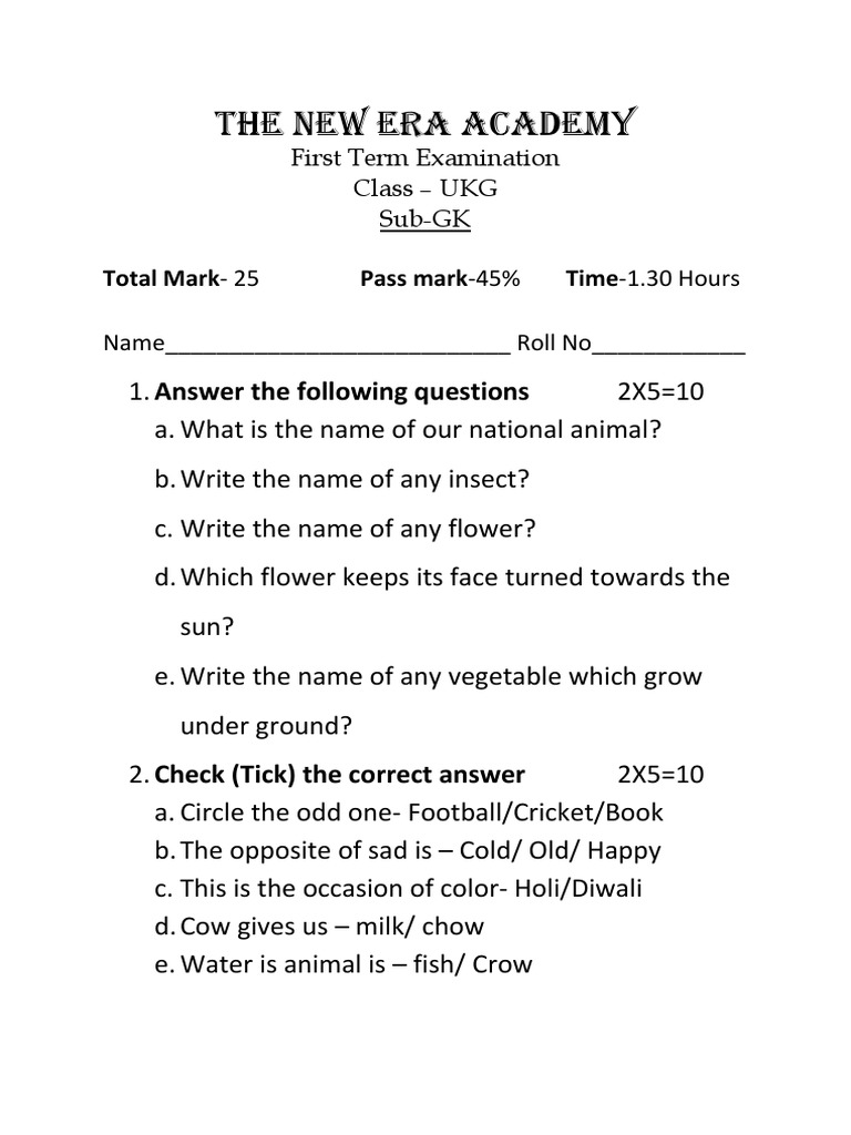 UKG GK Exam Paper: Questions & Format | PDF