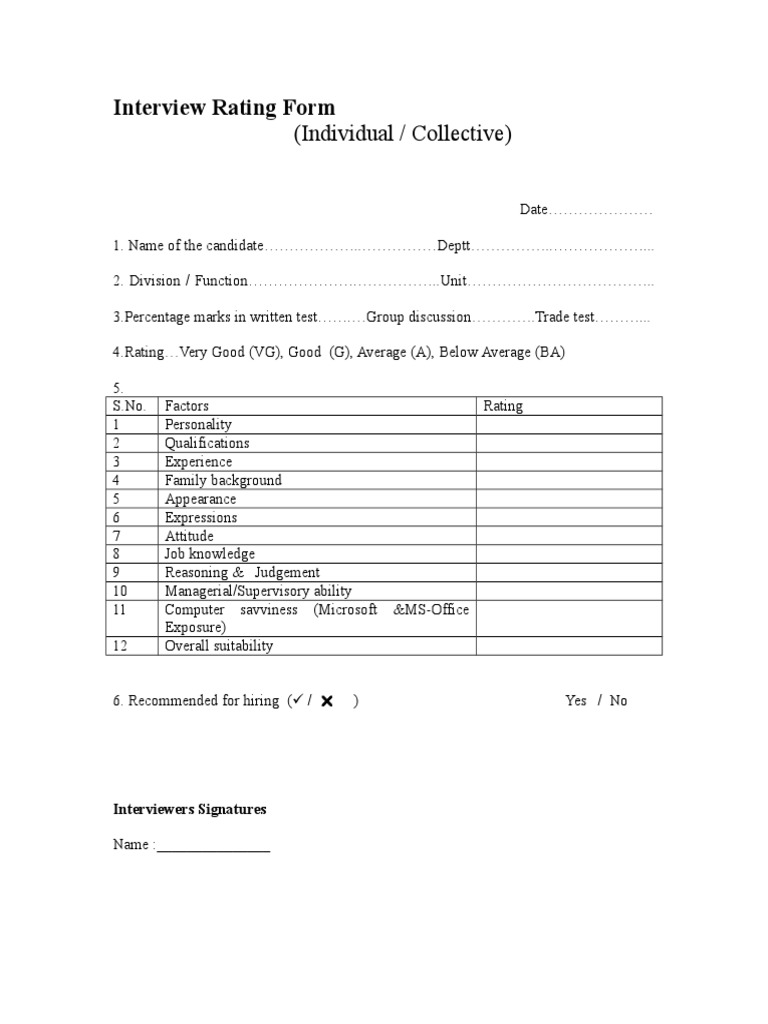 Interview Rating Form (Individual / Collective) : Interviewers ...
