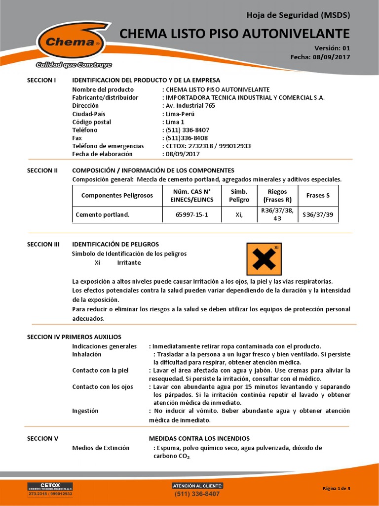 Hs Chema Listo Piso Autonivelante v01.2017 | PDF | Agua | Residuos Hs Chema Listo Piso Autonivelante v01.2017 | PDF | Agua | Residuos