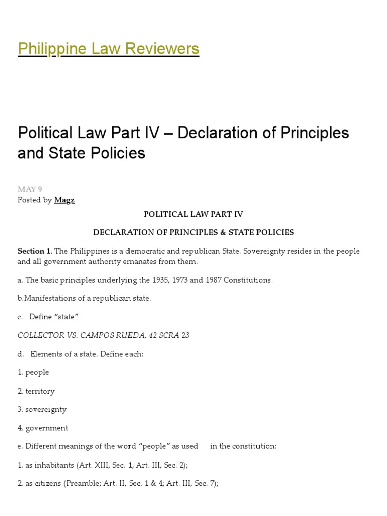 Political Law Part IV - Declaration of Principles and State Policies ...