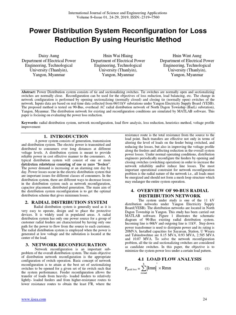 Power Distribution System Reconfiguration For Loss Reduction By Using Heuristic Method Pdf