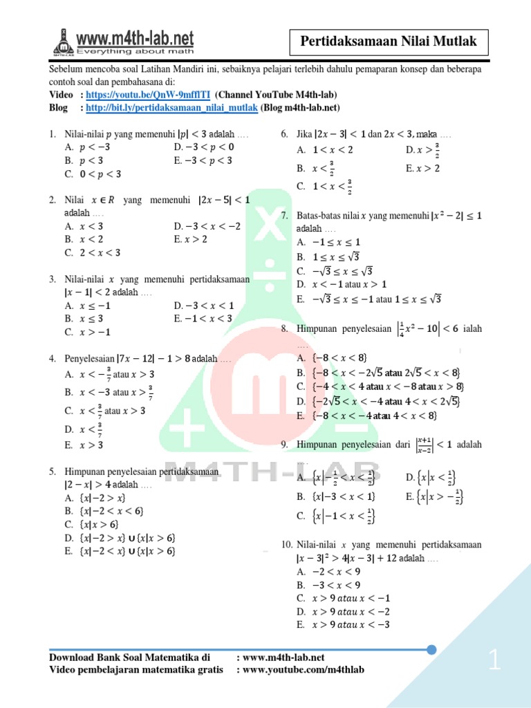 Pertidaksamaan Nilai Mutlak: Soal Latihan | PDF | Metode & Bahan Ajar