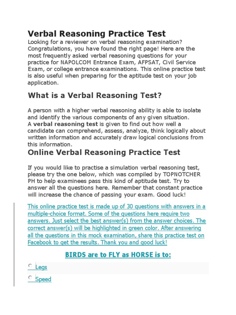 Verbal Reasoning Practice Test | PDF | Multiple Choice | Test (Assessment)