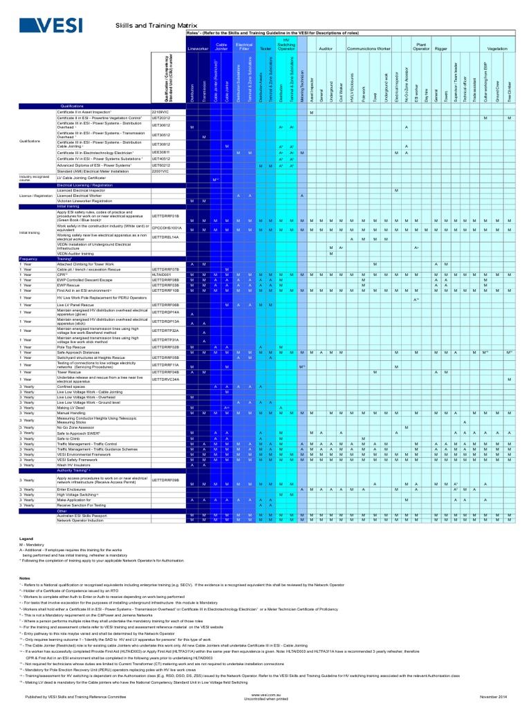 VESI Skills and Training Matrix-November 2014 | PDF | Electrical ...