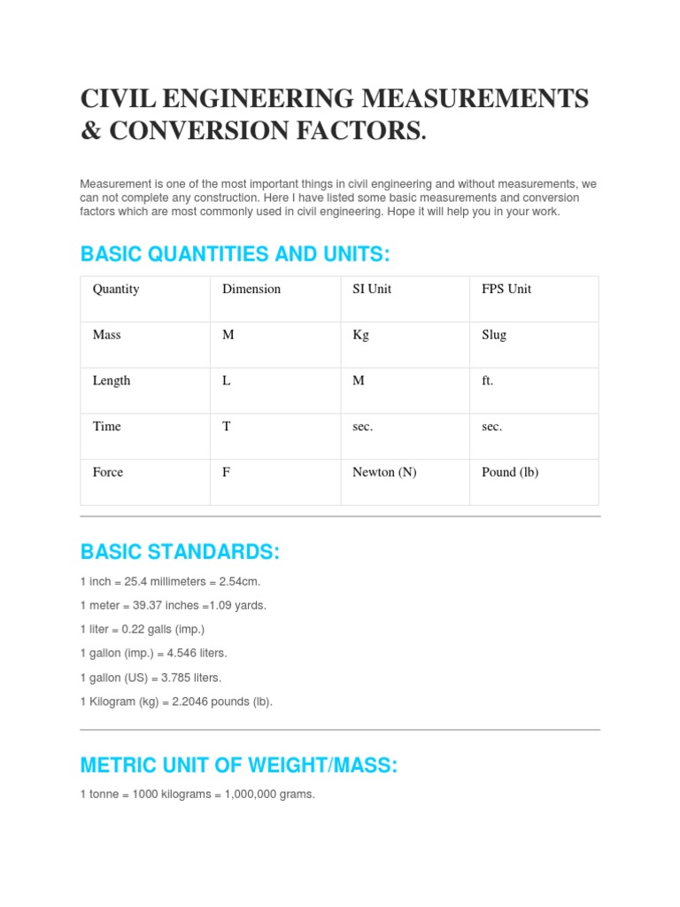 Civil Engineering Measurements Units | PDF