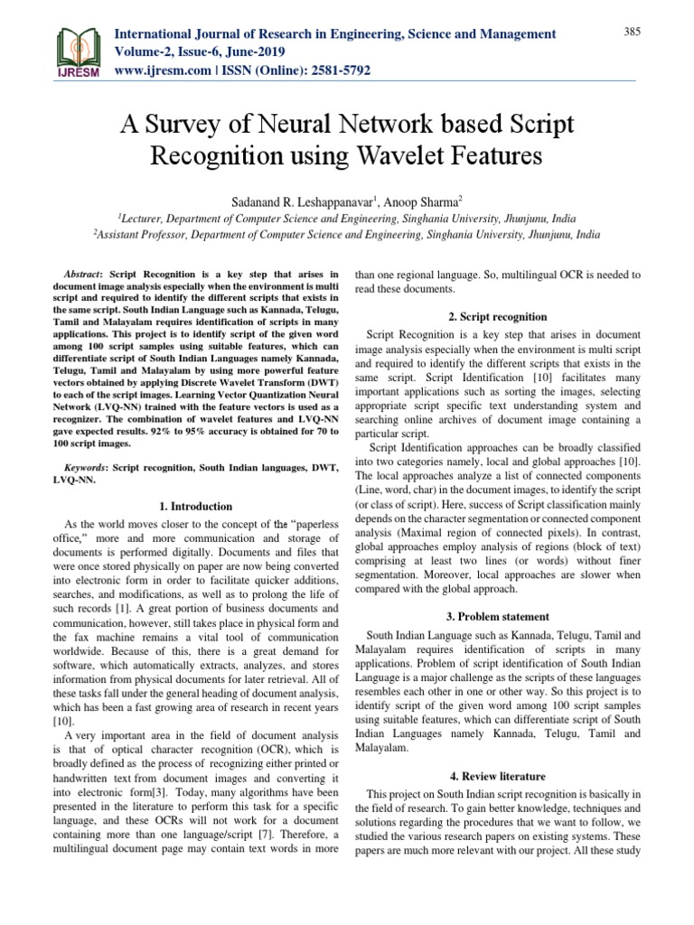 A Survey of Neural Network Based Script Recognition Using Wavelet Features | PDF | Optical ...