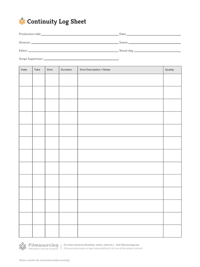 Tracking Continuity Across Scenes: A Production Log Sheet | PDF