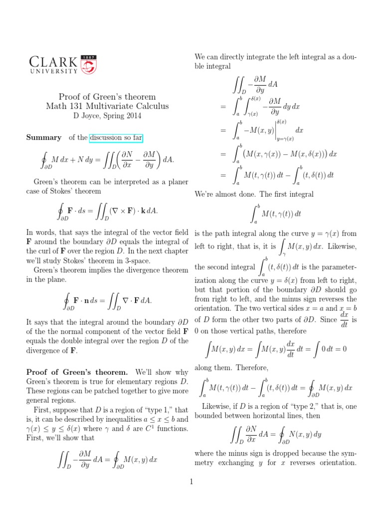 Proof of Green's Theorem Math 131 Multivariate Calculus | PDF | Integral | Mathematical Analysis