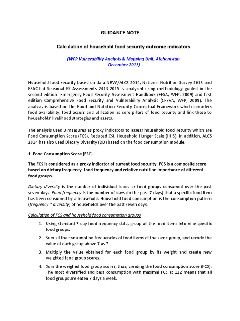 Guidance Note - Calculation of Fcs Rcsi Hhs and DD | PDF | Food Security | Malnutrition