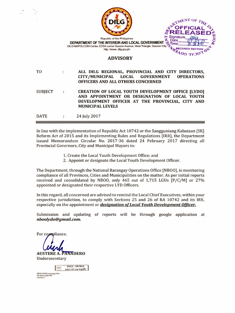 Advisory Creation of LYDO & Designation of LYD Officer - Monitoring ...