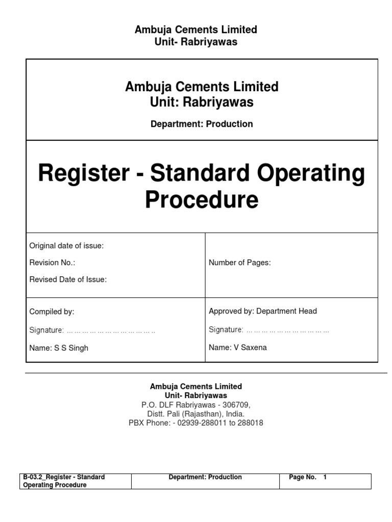 Register - Standard Operating Procedure: Ambuja Cements Limited Unit ...