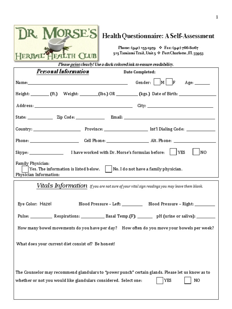 Health Assessment Form | PDF | Urinary Tract Infection ...