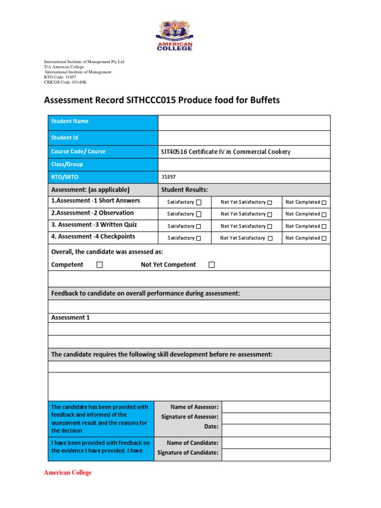 Assessment Record SITHCCC015 Produce Food for Buffets | Salad | Foods ...