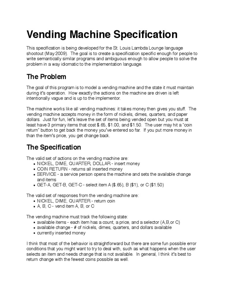 Vending Machine Specification | PDF