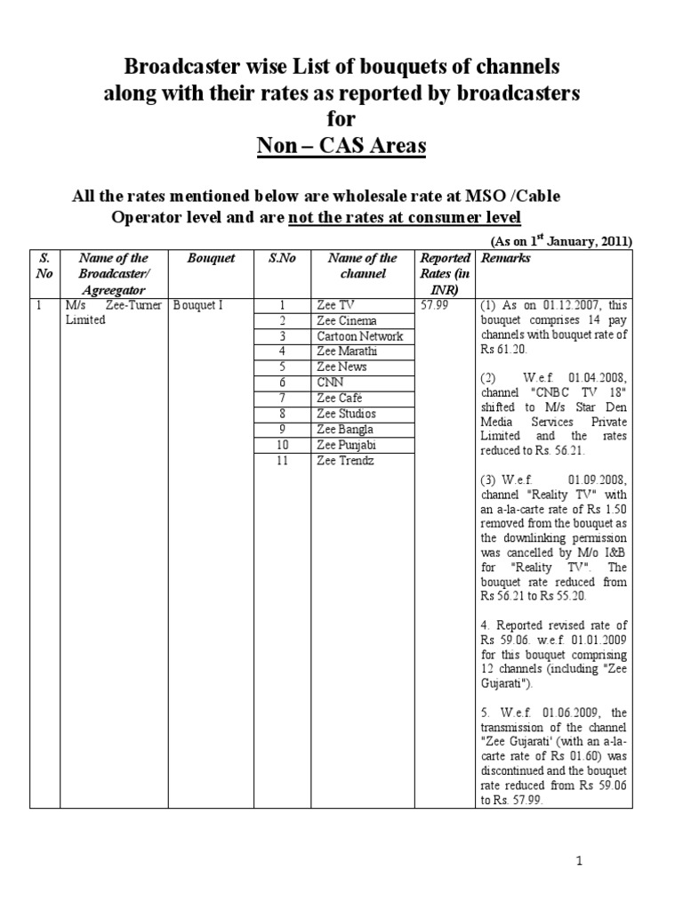 Rates of TV channel bouquets from major broadcasters | PDF | Media ...