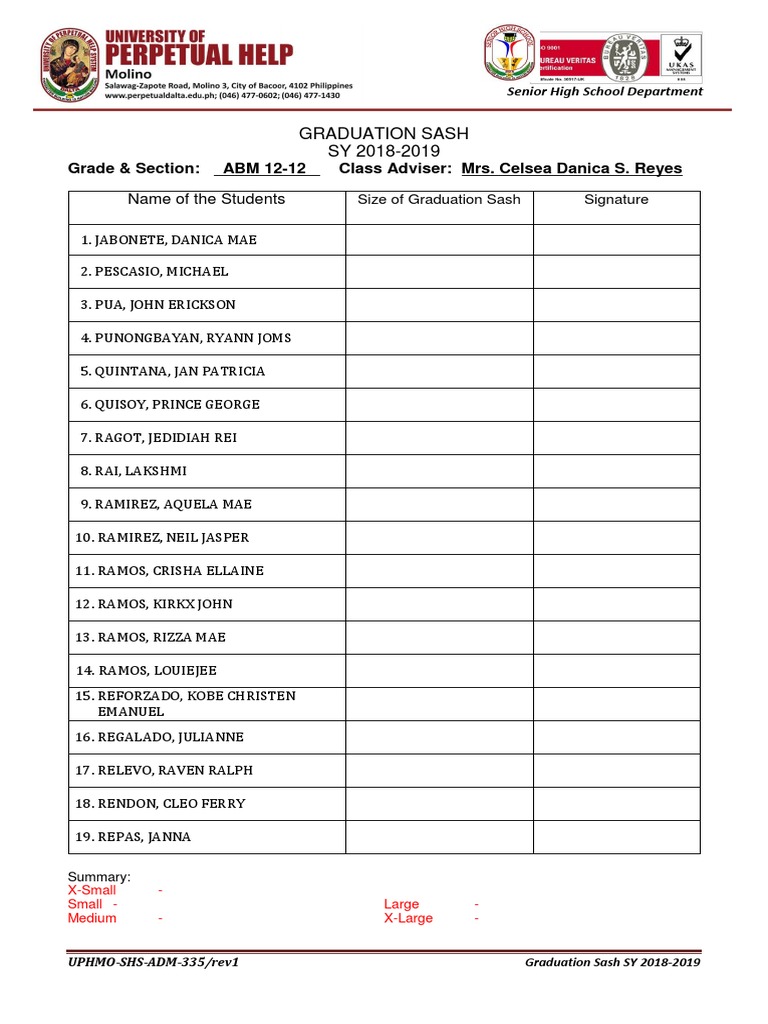 Graduation Sash SY 2018-2019: Name of The Students | PDF