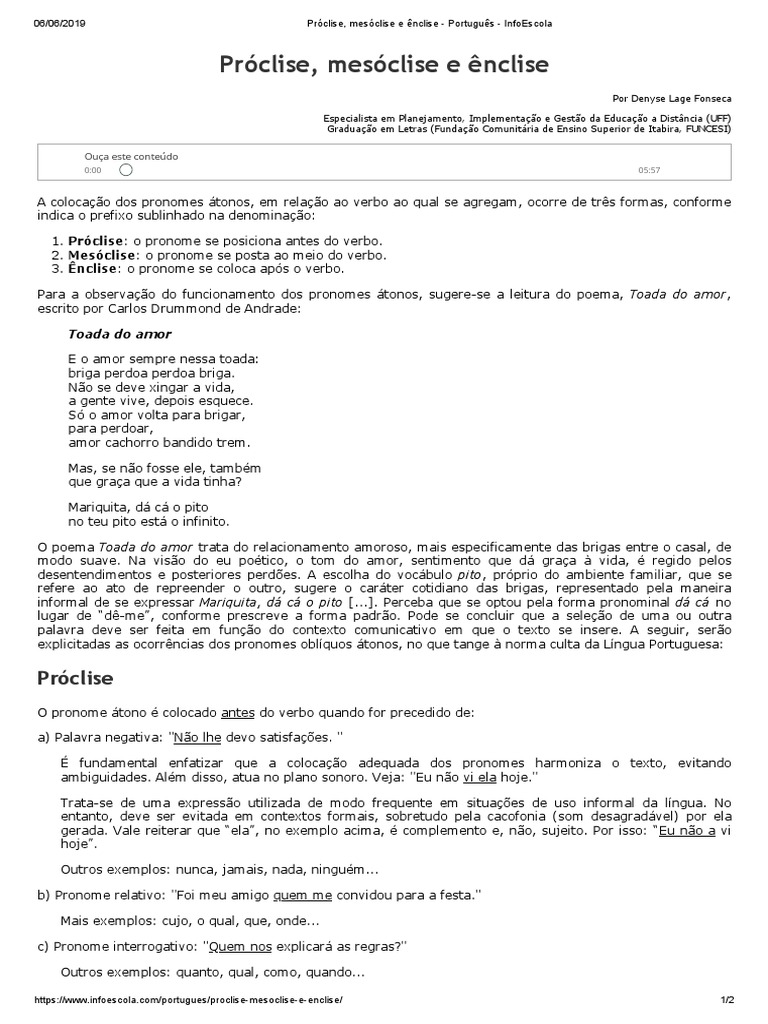 Próclise, Mesóclise e Ênclise PDF | PDF | Semiótica | Relações sintáticas