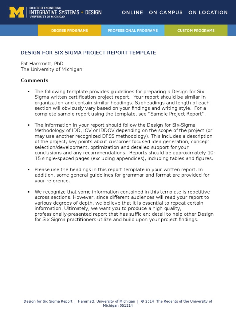 Design For Six Sigma Project Report Template: Comments | PDF | Design ...
