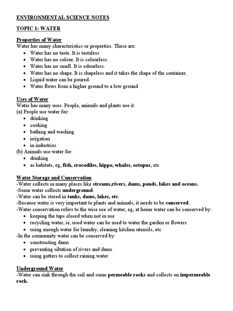 Environmental Science Notes Topic 1: Water Properties of Water | PDF ...