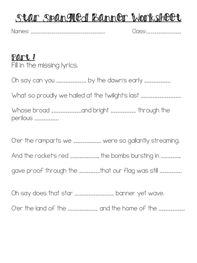 Star Spangled Banner Worksheet Star Spangled Banner Worksheet | TPT