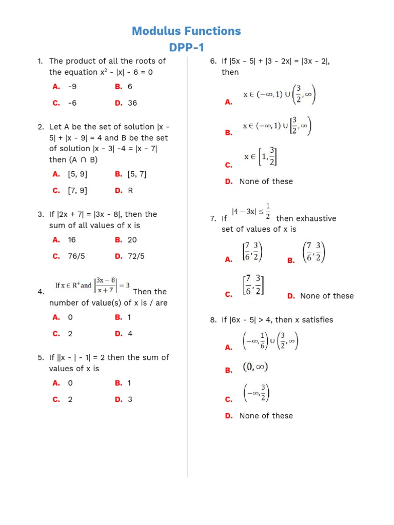 DPP 1 - Modulus Function | PDF | Mathematical Analysis | Mathematical ...