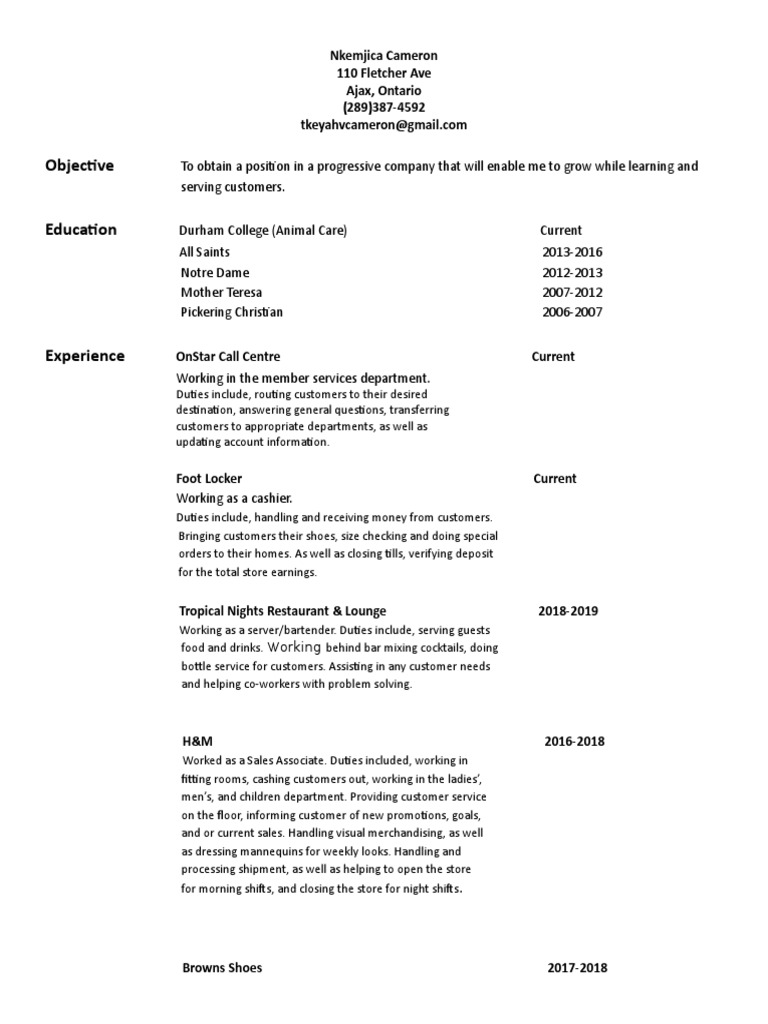 Nkemjica Cameron Resume 2018 2 | PDF | Restaurant And Catering | Business