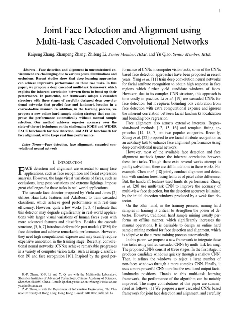 Joint Face Detention & Alignment Using Multitask Cascaded Convolutional Networks | PDF ...