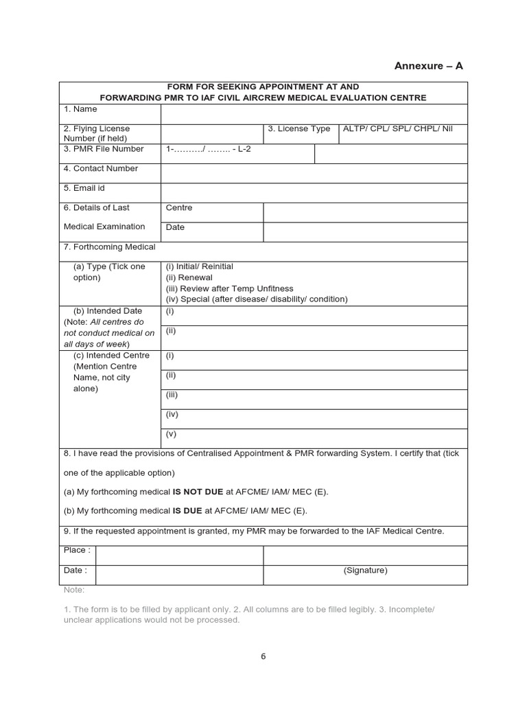 Form For Seeking Appointment at and Forwarding PMR To Iaf Civil Aircrew ...