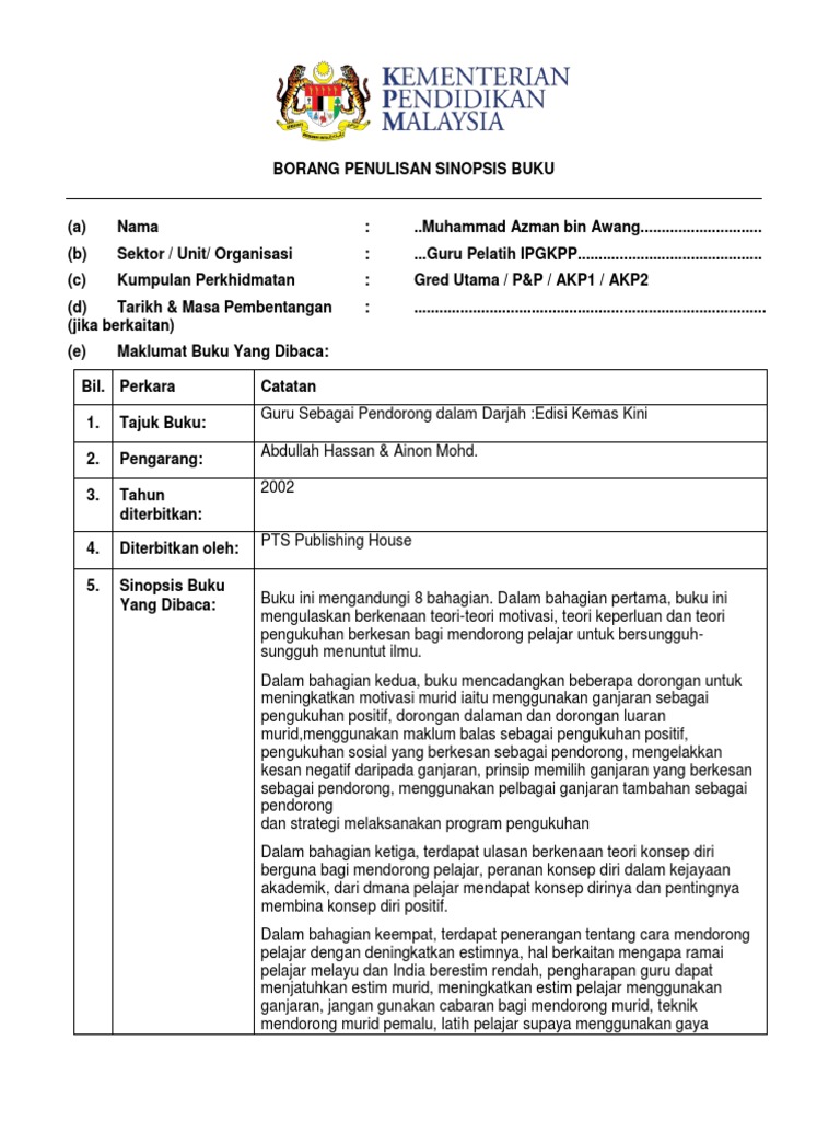 Borang Penulisan Sinopsis Buku | PDF