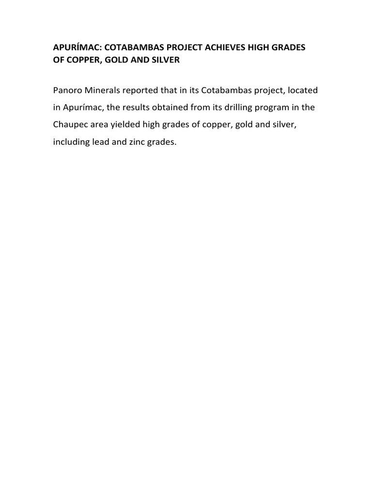 Apurímac: Cotabambas Project Achieves High Grades of Copper, Gold and ...