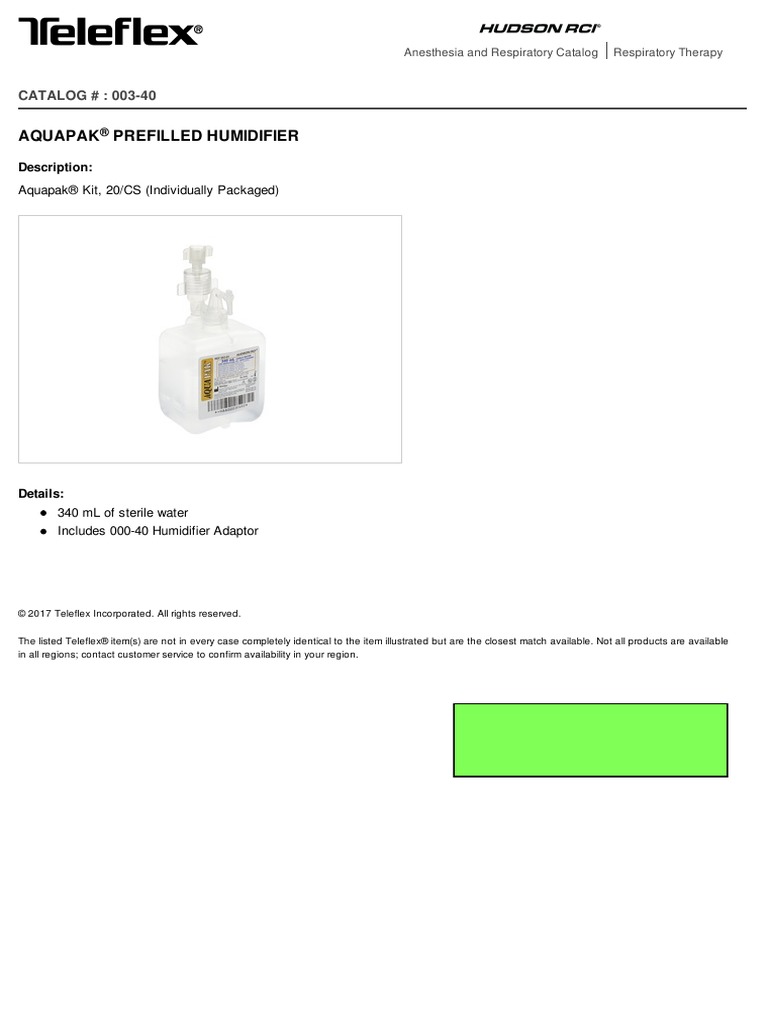 Aquapak Prefilled Humidifier: CATALOG #: 003-40 | PDF