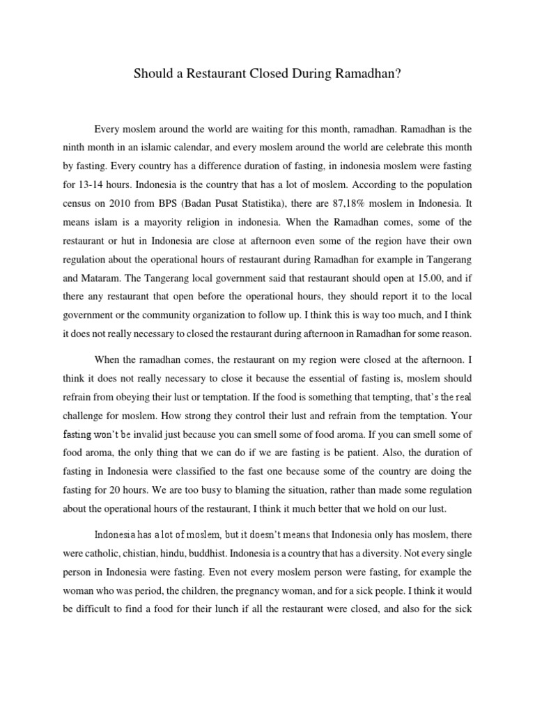 Argumentative Essay | PDF | Fasting | Restaurant And Catering