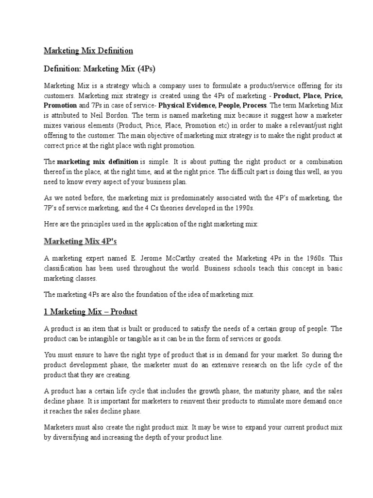 Marketing Mix Definition | PDF | Promotion (Marketing) | Marketing