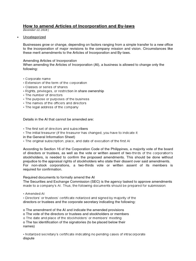 How To Amend Articles of Incorporation and by | PDF | Board Of ...