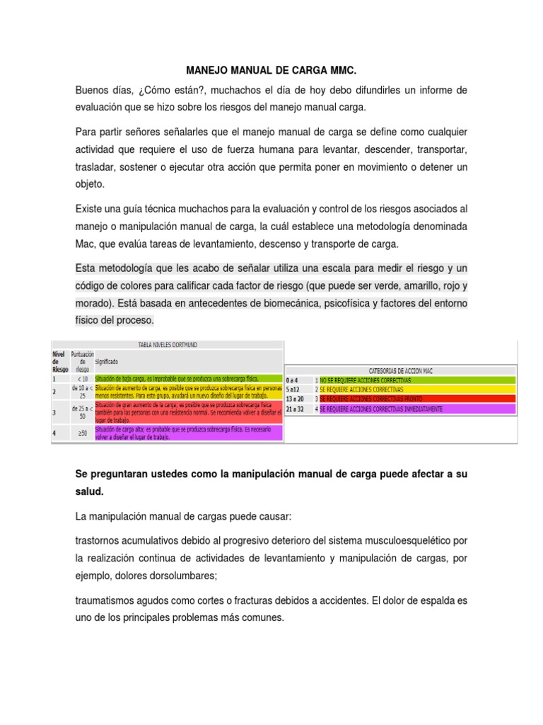 Manejo Manual de Carga MMC Capacitación | PDF | Riesgo | Especialidades ...