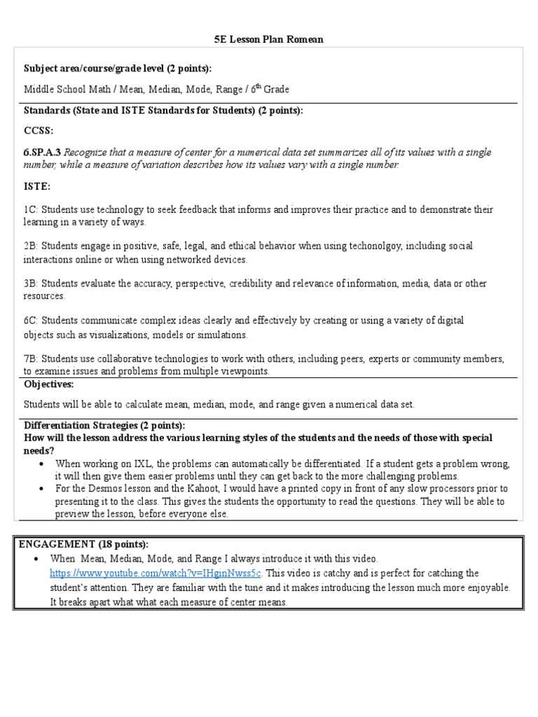 5e Lesson Plan - Measures of Center | PDF | Median | Average