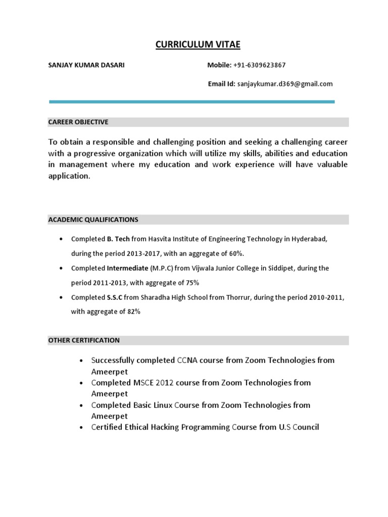 Curriculum Vitae: Sanjay Kumar Dasari Mobile: +91-6309623867 | PDF | Cognition | Learning