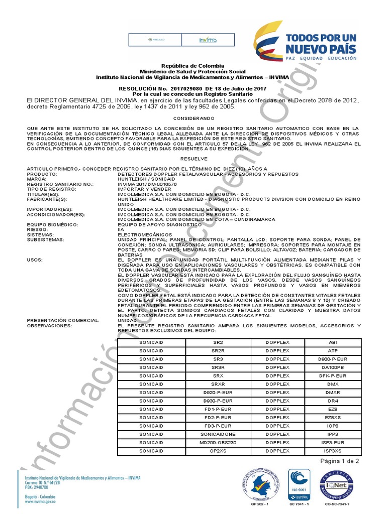 Invima Doppler D920.Verificar | PDF | Salud y bienestar | Medicina