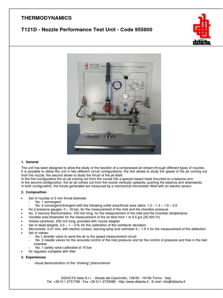 Thermodynamics T121D - Nozzle Performance Test Unit - Code 955800 | PDF ...