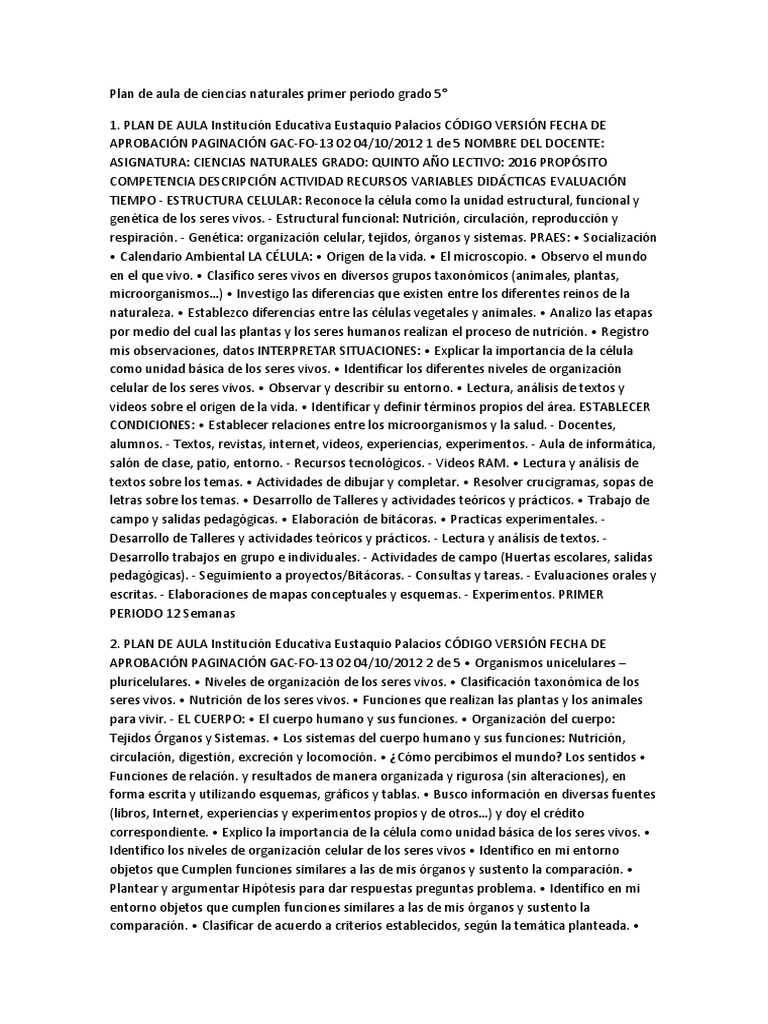Plan de Aula de Ciencias Naturales Primer Periodo Grado 5 | PDF ...