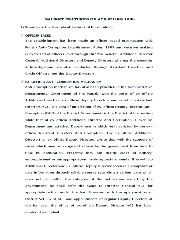 Salient Features of ACE Rules 1985 0 | PDF | Finance & Money Management