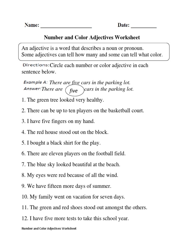 Number and Color Adjectives Worksheet | PDF
