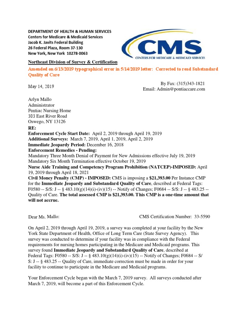 Letter to Pontiac Nursing Home | Centers For Medicare And Medicaid ...