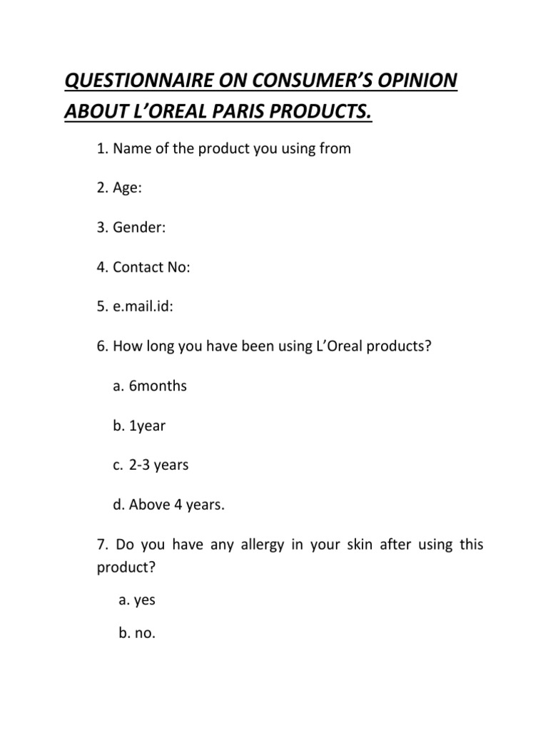 Questionnaire On Consumer'S Opinion About L'Oreal Paris Products | PDF ...