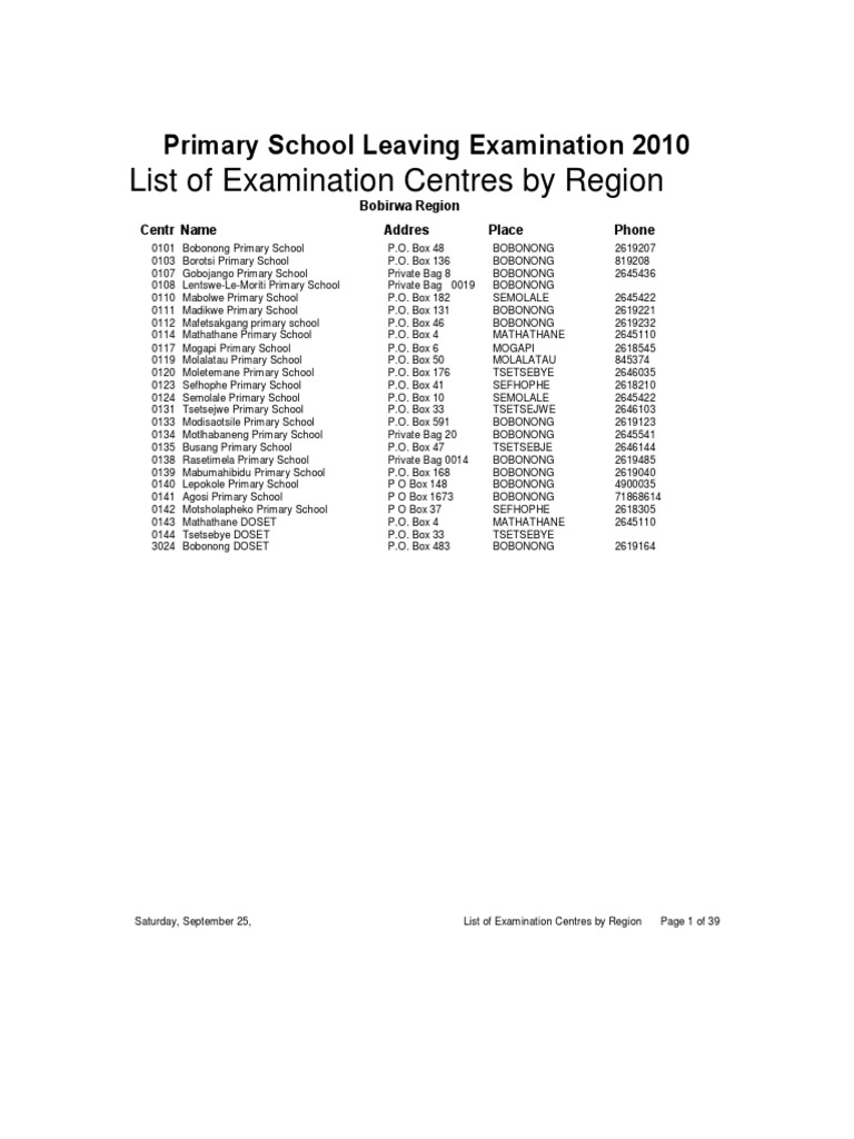 2010 Primary Exam Centres List | PDF | Postal System | Freight Transport