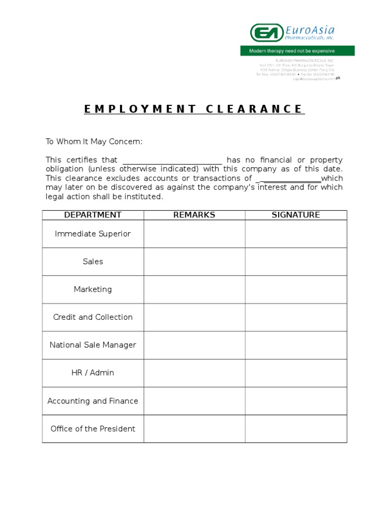 Employment Clearance: Department Remarks Signature | PDF
