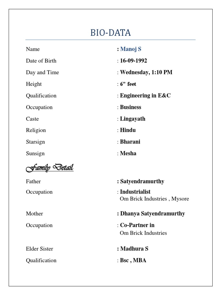 Manoj S: Bio-Data Overview | PDF
