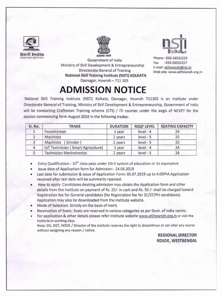 CTS Admission - NSTI Howrah | PDF | Fee
