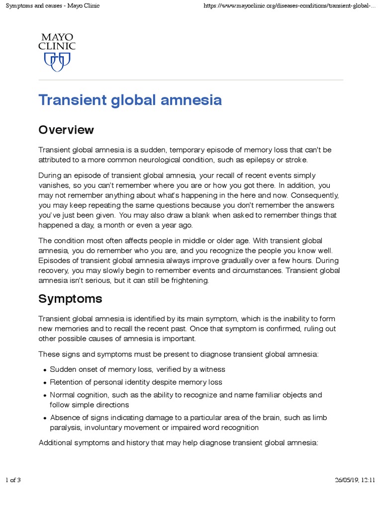 Transient Global Amnesia | PDF | Amnesia | Stroke